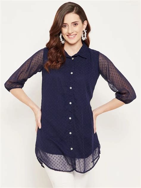 Fabric Georgette Navy Blue Shirt Collar Tunic Size Small At Rs 450
