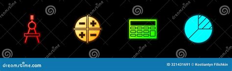 Set Drawing Compass XYZ Coordinate System Calculator And Pie Chart Infographic Icon Vector