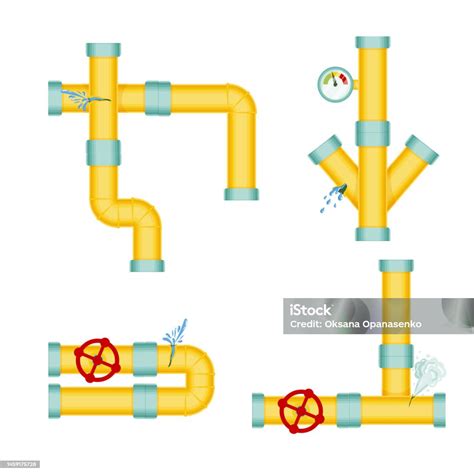 증기 또는 납 가스의 누출 파이프 라인의 파열로 깨진 파이프 수도꼭지 떨어지기 물 공급 문제 파이프 파손 흰색 배경에 격리된 바람 그림 0명에 대한 스톡 벡터 아트 및 기타