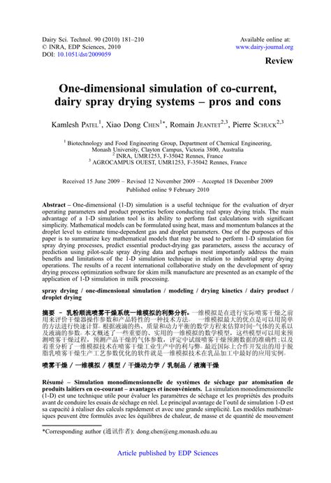 pdf one dimensional simulation of co current dairy spray drying
