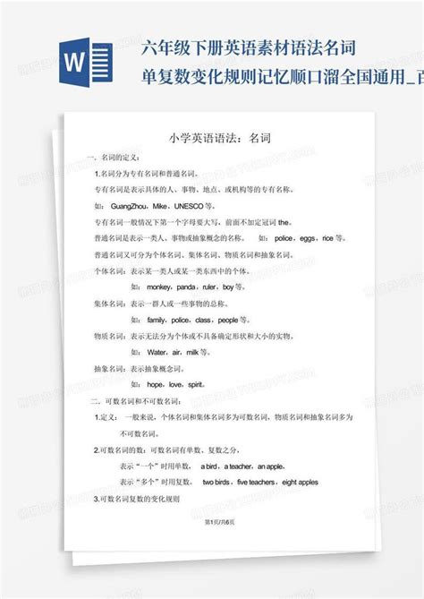 六年级下册英语素材语法名词单复数变化规则记忆顺口溜全国通用 百word模板下载 编号lbmvgrzx 熊猫办公