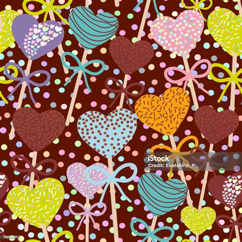 원활한 패턴 다채로운 달콤한 케이크 배경에 갈색 파스텔 색상 물방울 배경 활과 마음 세트를 팝합니다 벡터 0명에 대한 스톡 벡터 아트 및 기타 이미지 Istock
