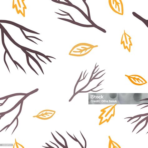손으로 그린 그래픽 벡터 배경입니다 쓰러진 나뭇잎과 가지 가을 날씨 원활한 패턴 흰색으로 고립 된 다채로운 벽지 포장지 직물 인쇄 등을 위한 디자인 0명에 대한 스톡 벡터