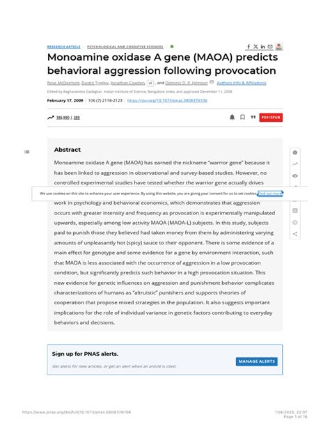 Monoamine Oxidase A Gene Maoa Predicts Behavioral Aggression Following Provoca Pdf