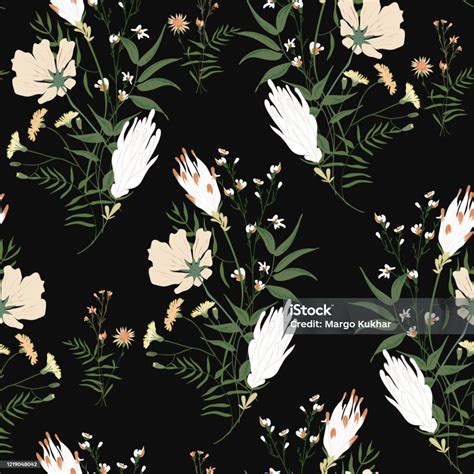 꽃 무음 패턴 피는 식물 모티프는 무작위로 흩어져 있습니다 트렌디 한 꽃 다채로운 벡터 텍스처입니다 패션 디티 프린트 패브릭 검은 배경에 손으로 다른 야생 초원 꽃을 그린