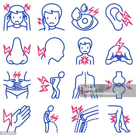 몸 아파 얇은 라인 아이콘 세트 편두통 치 통 눈 귀 코 소변 가슴 통증 생리 관절 관절염 류 머 티 즘 때에 통증 현대 벡터 일러스트입니다 건강관리와 의술에 대한 스톡