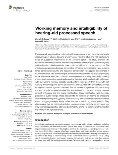 Pdf Working Memory And Intelligibility Of Hearing Aid Processed Speech