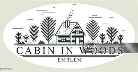 오두막 소나무 숲 선형 벡터 자연 엠블럼 은 흰색에 고립 휴식 휴일 및 휴가 테마 라인 아트 로고 자연의 아름다움 우드 하우스 리조트를 위한 통나무 오두막 오두막 관광