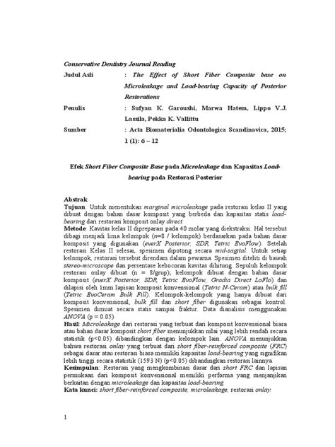 Efek Short Fiber Composite Base Pada Microleakage Dan Kapasitas Load Bearing Pada Restorasi