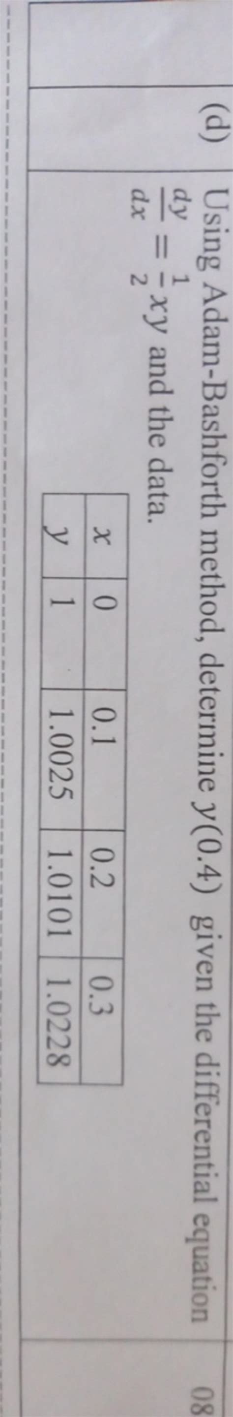 D Using Adam Bashforth Method Determine Y04 Given The Differential