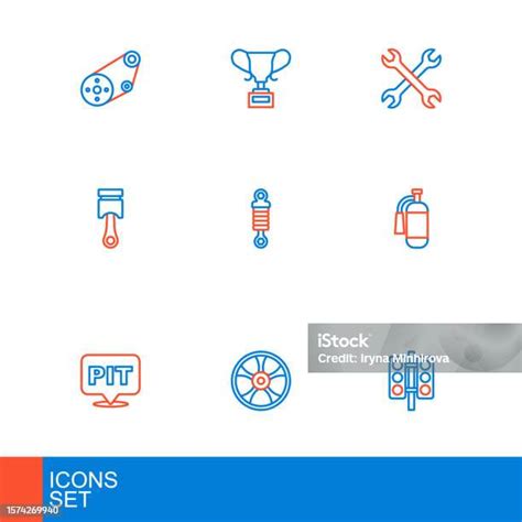 라인 레이싱 신호등 자동차용 알로이 휠 피트 스톱 소화기 엔진 피스톤 쇼크 업소버 렌치 스패너 및 보너스 컵 아이콘을 설정합니다 벡터 교통수단에 대한 스톡 벡터 아트 및