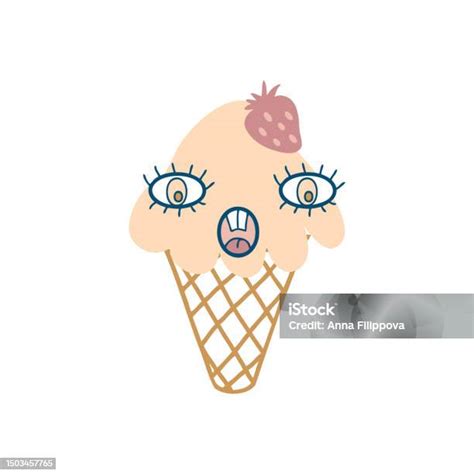 낙서 눈을 가진 겁에 질린 얼굴 딸기 아이스크림 콘 캐릭터 티 스티커 포스터를 위한 완벽한 인쇄 장식과 디자인을 위한 복고풍