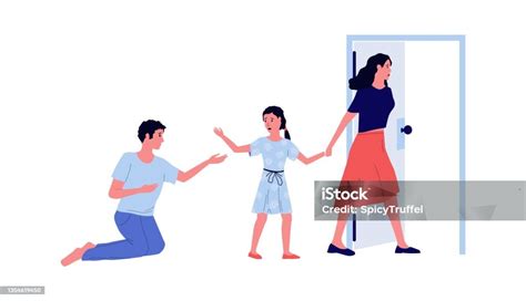 어머니는 가족을 떠나 아이를 데리고 갑니다 부모는 갈등과 이혼 사람들은 의견 차이 우는 딸 엄마와 아빠 싸움 커플 분리 벡터 여자 와 소녀 도착 떨어져서 떨어져서 집 떠남에