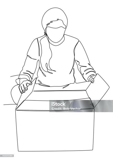여성 구매자 언박싱 메일 패키지의 연속 줄 그리기 씬 라인 일러스트 레이 션 벡터 개념 윤곽선 그리기 창조적 인 아이디어 한붓