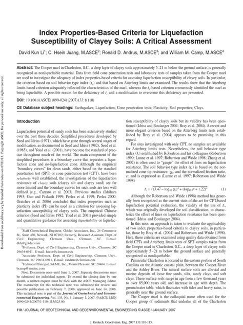 Index Properties Based Criteria For Liquefaction Pdf Clay Earth