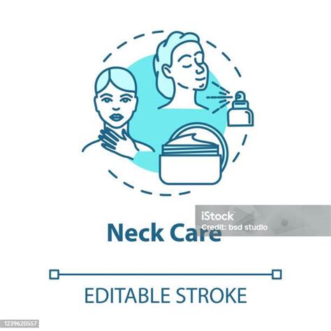 넥 케어 여성 청소년 및 뷰티 컨셉 아이콘 피부 보습 미용 제품 크림 과 스프레이 사용 아이디어 얇은 라인 일러스트 벡터 절연 윤곽선 Rgb 색상 드로잉 편집 가능한