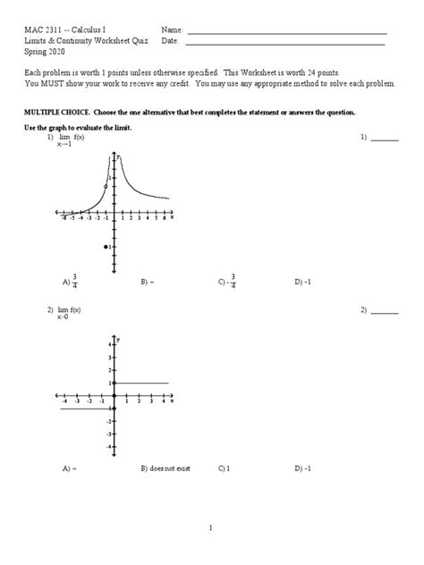 Limits And Continuity Worksheet Spring 2020 Pdf Mathematical Relations Applied Mathematics
