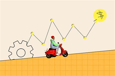 합성물 트렌드 삽화 스케치 3d 사진 콜라주 배달 직원 사람 타기 오토바이 톱니 바퀴 통계 그래픽 체크 표시 화살표 성장 18 19세에 대한 스톡 사진 및 기타 이미지