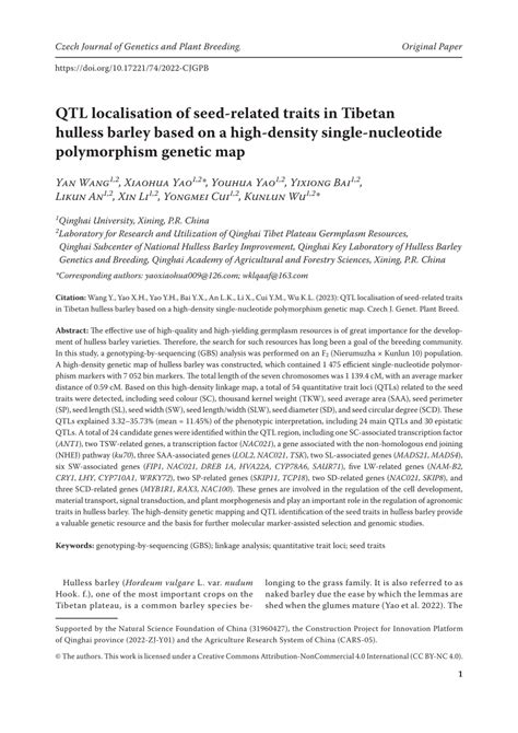 Pdf Qtl Localization Of Seed Related Traits In Tibetan Hulless Barley Based On A High Density