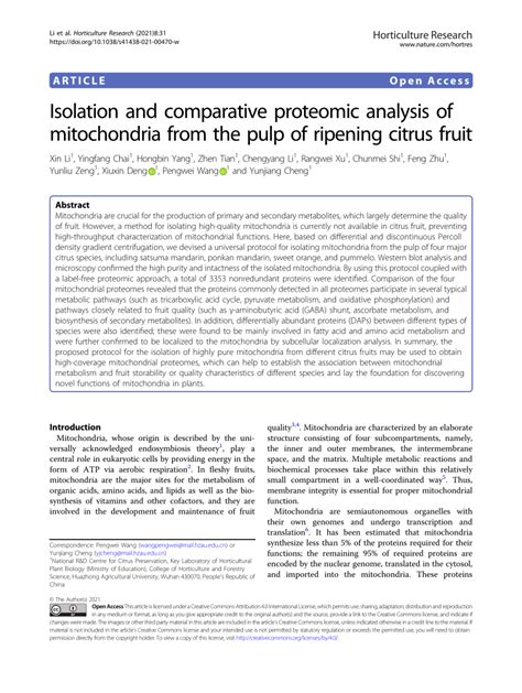Pdf Isolation And Comparative Proteomic Analysis Of Mitochondria From