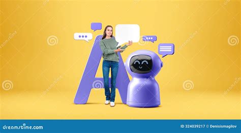 Young Woman Showing Mock Up Speech Bubble Standing Near Smiling Robot Stock Image Image Of