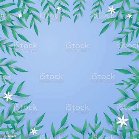 녹색 잎은 연한 파란색 배경에 잎과 가지가 있으며 인사말 카드 블로그 포스터 청첩장 및 기타를위한 공간이 있습니다 숲의 자연