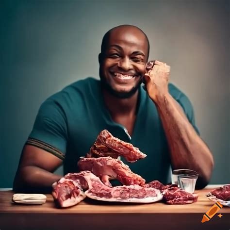 Human Eating Steak Smiling Handsome Middle Aged Black Man At Table