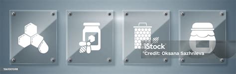 꿀 항아리 꿀 국자 스티커 아이콘이 있는 벌집 꿀벌과 벌집이 있는 꿀 항아리를 설정합니다 정사각형 유리 패널 벡터 0명에 대한 스톡 벡터 아트 및 기타 이미지 Istock