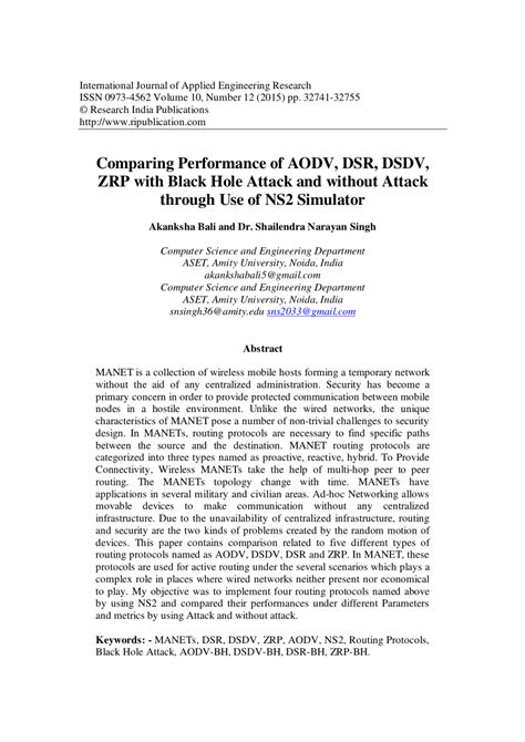 Pdf Comparing Performance Of Aodv Dsr Dsdv Zrp With Black Hole Attack And Without Attack