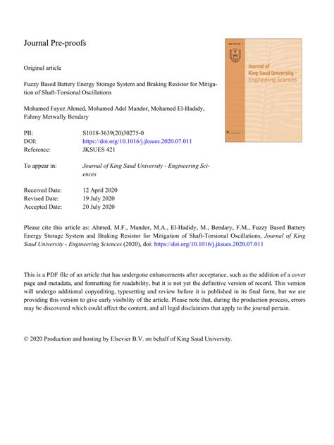 Pdf Fuzzy Based Battery Energy Storage System And Braking Resistor For Mitigation Of Shaft