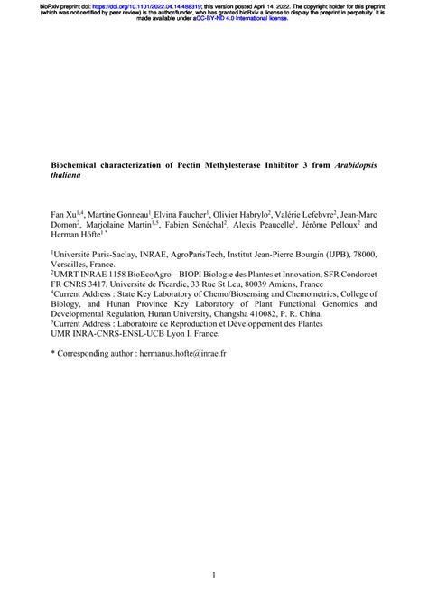 Pdf Biochemical Characterization Of Pectin Methylesterase Inhibitor 3 From Arabidopsis Thaliana