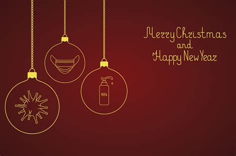 의료 테마로 장식 된 크리스마스 트리 장난감 세트 유리 공 축제 엽서 글자 메리 크리스마스와 새해 복 많은 새해 컬러 벡터 그림입니다 격리된 빨간색 배경입니다 코로나바이러스