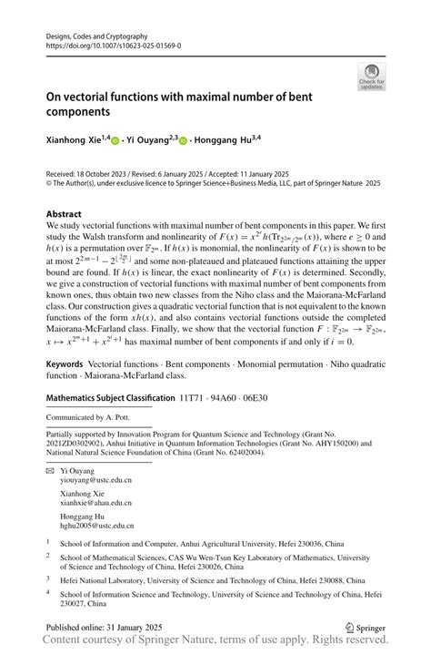 On Vectorial Functions With Maximal Number Of Bent Components Request Pdf