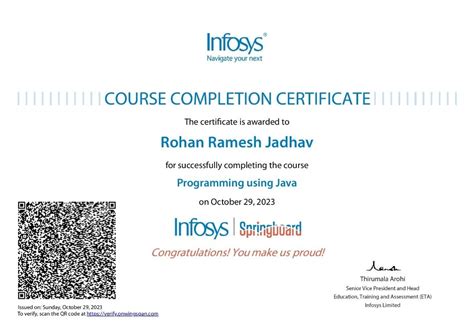 Completed Programming Using Java Course With Infosys Rohan Jadhav