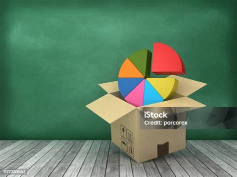 나무 바닥에 원형 차트와 골판지 상자 칠판 배경 3d 렌더링 3차원 형태에 대한 스톡 사진 및 기타 이미지 3차원 형태 가정의 방 갈색 Istock