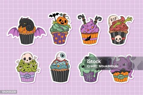 트릭 또는 귀여운 할로윈 컵 케이크를 치료 끔찍한 파티를위한 음식 스티커와 디저트 세트 빵집에 대한 스톡 벡터 아트 및 기타