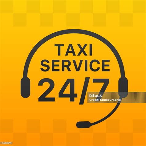 택시 호출 서비스 24 7 개념 노란색 배경에 격리된 택시 아이콘이 있는 헤드폰 세트 디자인 요소 인포 그래픽 템플릿 배너 택시 회사 택시 서비스 벡터 그림 24 시간 영업