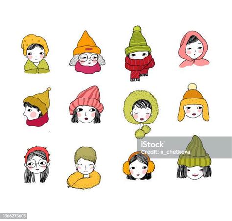 겨울 모자 따뜻한 액세서리 니트 모자와 스카프를 입은 소녀들 다른 감정을 가진 여성의 얼굴 벡터 일러스트레이션 Comfort Food에 대한 스톡 벡터 아트 및 기타 이미지