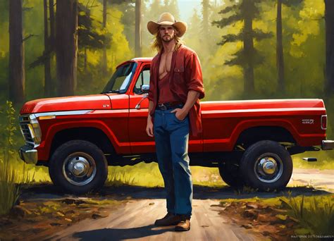 Lexica A Male Redneck Skinny Farmer Near A Red Ford Truck Close Up