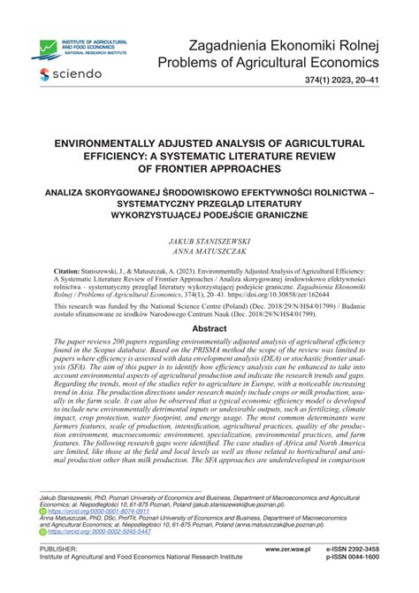 Pdf Environmentally Adjusted Analysis Of Agricultural Efficiency A Systematic Literature