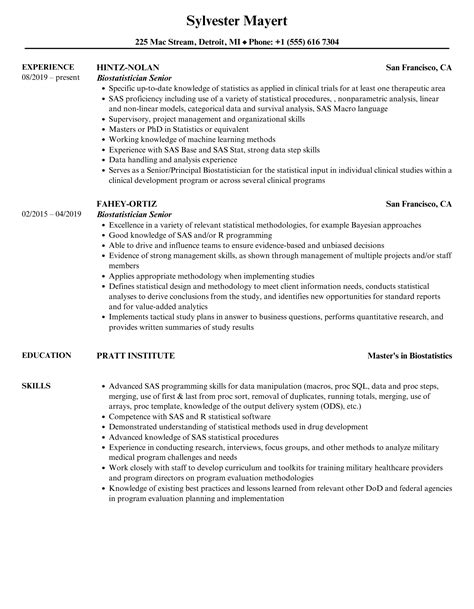 Biostatistician Senior Resume Samples Velvet Jobs