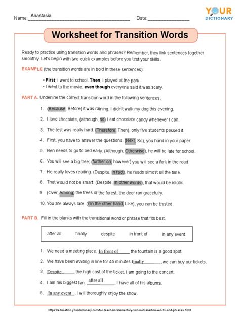Transitions Worksheet Pdf
