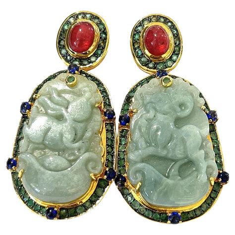 Bochic Orient” Jade Ruby And Multi Sapphire Earrings Set In 18k Gold And Silver At 1stdibs