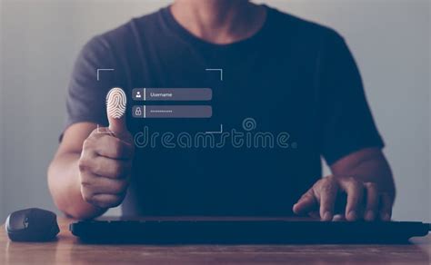 Cyber Security Verification Login User Thumbs Up With Virtual Fingerprint To Scan Biometric