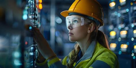 Premium Photo Reviewing SCADA System Data Female Engineer In Hard Hat And Safety Glasses