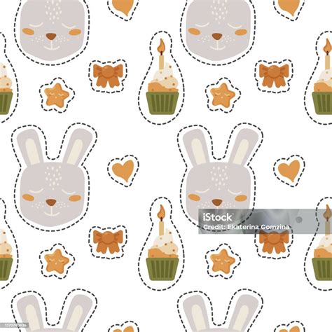 귀여운 토끼 컵 케이크 별의 스티커와 트렌디 한 원한 패턴 배경 배경 텍스처 베이비 샤워 및 성별 파티 개념 포스터 포장지 장식 배너에 대한 준비 0명에 대한 스톡 벡터