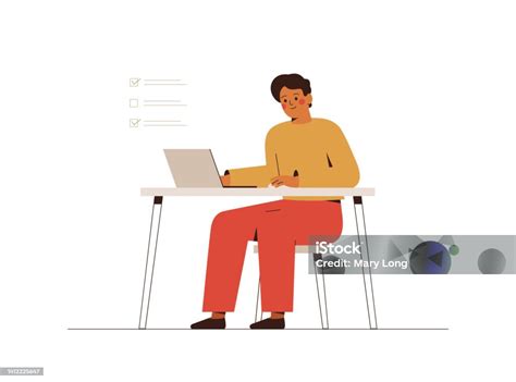 행복한 프리랜서 또는 사무실 남성 직원은 노트북을 사용하여 일합니다 십대 소년은 컴퓨터를 통해 온라인으로 무언가를 학습합니다 시험에 대한 스톡 벡터 아트 및 기타 이미지