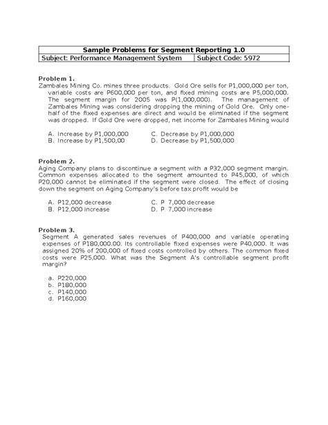 Sample Problems For Segment Reporting Subject Performance Management System Subject Code