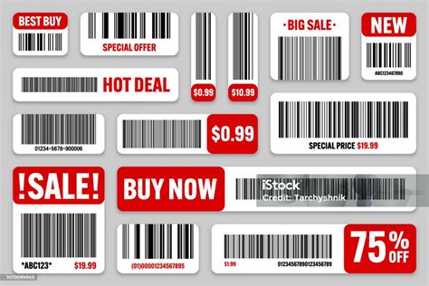 제품 바코드 집합입니다 특별 제안 판매 스티커 쇼핑 할인 라벨 또는 프로모션 배지 일련 번호 제품 Id 상점 또는 슈퍼마켓 스캔 라벨 가격표 벡터 그림 Qr코드에 대한 스톡