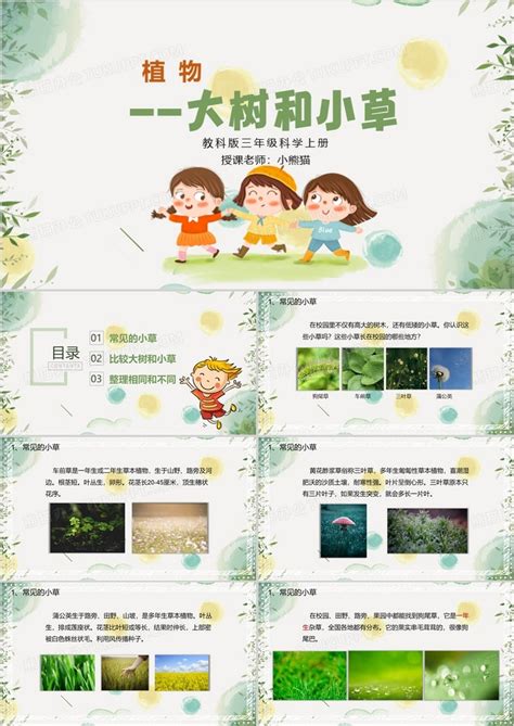 简约风大树和小草植物说课PPT模板下载 熊猫办公